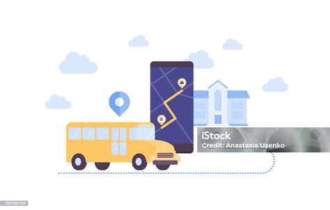 교육 개념 벡터 플랫 일러스트레이션 학교 버스 트랙 시스템 화면에 도시지도와 노란색 학교 버스와 스마트 폰 어린이의 교통 안전을 설계합니다 통학 버스에 대한 스톡 벡터 아트