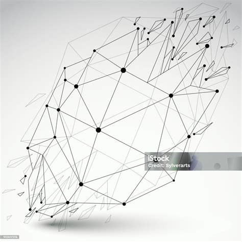관점 기술 철거 검은 선과 점으로 연결 다각형 와이어 프레임 개체와 투명 한 모양 폭발 효과 여러 조각으로 금이 추상 측면