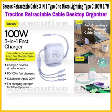 Jual Baseus Retractable Cable 3 IN 1 Type C To Micro Lightning Type C 100W 1 7M Traction