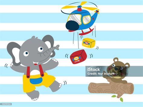 코끼리와 곰을 위해 사탕 두 상자를 떨어뜨리는 헬리콥터 벡터 만화 그림 T 셔츠에 대한 스톡 벡터 아트 및 기타 이미지 T 셔츠 곰 교통수단 Istock
