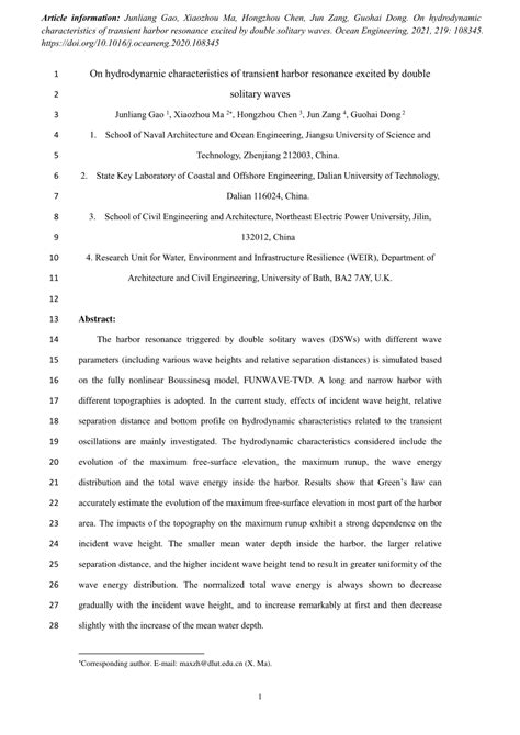 Pdf On Hydrodynamic Characteristics Of Transient Harbor Resonance Excited By Double Solitary Waves