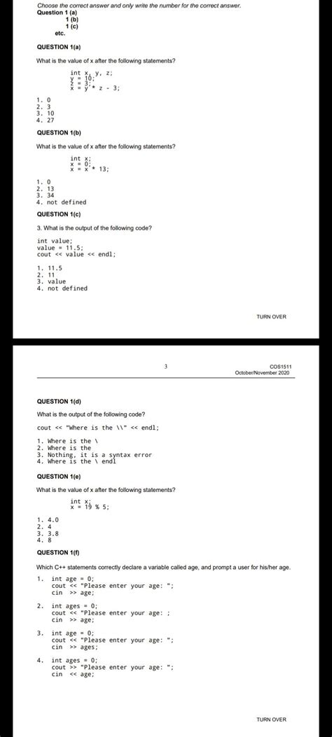 Solved Choose The Correct Answer And Only Write The Number Chegg Com
