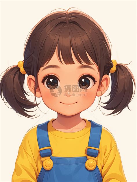 穿着蓝色背带裤扎两个小辫子的可爱卡通小女孩插画图片下载 正版图片402564560 摄图网