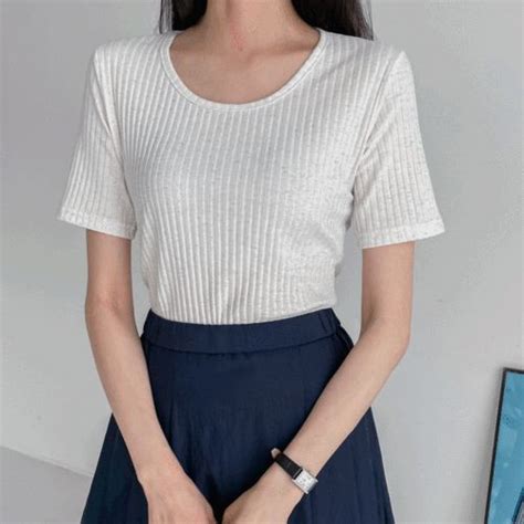 페미닌 린넨 골지 라운드넥 반팔 티셔츠 패션 반팔 점프수트