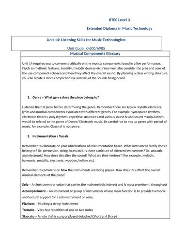 Btec Level 3 Unit 14 Listening Skills For Music Technologists Teaching Resources