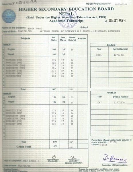 Grade 11 Marksheet