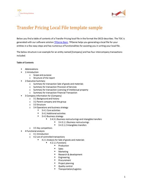 Transfer Pricing Documentation Local File Sample Generated By Tpgenie Pdf Business Economics