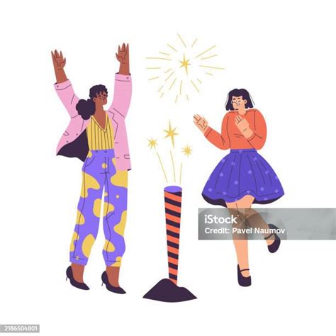 젊은 여자 캐릭터 발사 시작 불꽃 놀이 벡터 일러스트 레이 션 개념에 대한 스톡 벡터 아트 및 기타 이미지 개념 경례 다중 색상 Istock