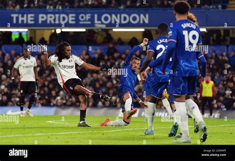 Fulhams Alex Iwobi Shoots Towards Goal During The Premier League Match