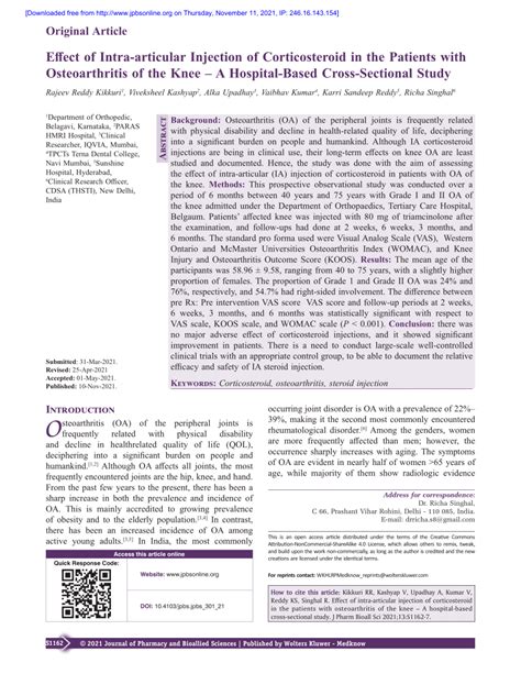 Pdf Effect Of Intra Articular Injection Of Corticosteroid In The Patients With Osteoarthritis