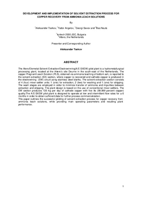 Pdf Development And Implementation Of Solvent Extraction Process For Copper Recovery From
