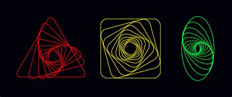 꼬인 색의 형상 그림의 벡터 집합입니다 나선형 프랙탈 요소 삼각형 사각형 원 형태의 선이있는 신성한 기하학 깊이표식에 대한 스톡
