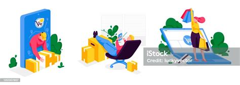온라인 쇼핑 장면의 집합 인터넷 상점에서 상품을 구입하는 만화 사람들 전자 상거래 디자인 컬렉션 3차원 형태에 대한 스톡 벡터 아트 및 기타 이미지 Istock