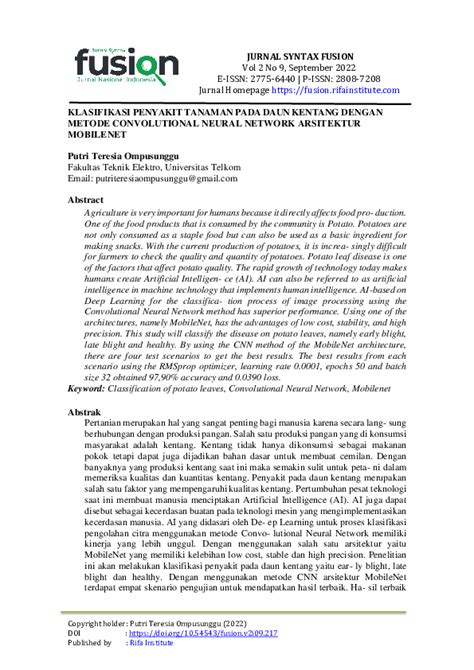 Pdf Klasifikasi Penyakit Tanaman Pada Daun Kentang Dengan Metode