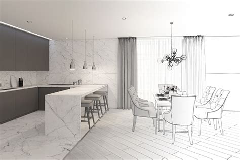 3d 그림입니다 현대 다 이닝 룸의 스케치는 실제 내부로 변신 부엌에 대한 스톡 사진 및 기타 이미지 부엌 스케치 대리석 Istock