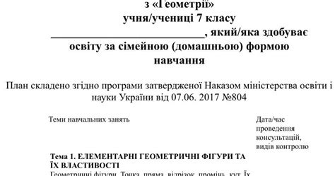Індивідуальний навчальний план з геометрії 7 клас для учнів які здобувають освіту за сімейною