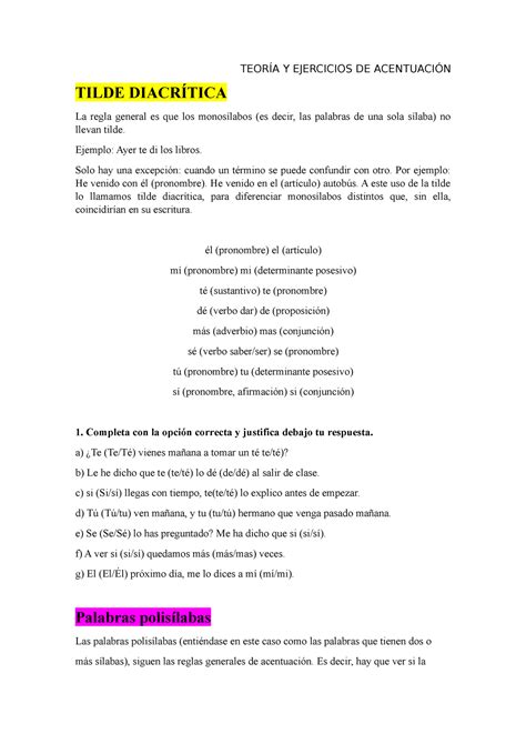 Tilde Diacrítica TeorÍa Y Ejercicios De AcentuaciÓn Tilde DiacrÍtica