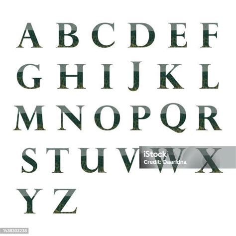 자연 장면 알파벳입니다 안개가 자욱한 영어 풍경 문자 평면 벡터 스타일의 흰색 배경에 격리된 스톡 벡터 그림 0명에 대한 스톡