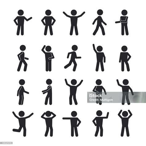 스틱 맨 제스처와 운동 세트 간단한 포즈와 활동적인 행동은 추상적인 사람들이 달리고 머리 가까이에 손을 들고 깜짝 놀랄만한 절망의 포즈를 취합니다 벡터 실루엣 걷기에 대한