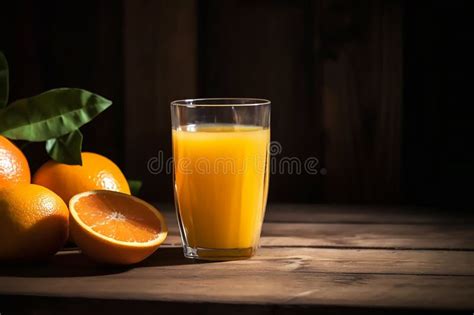 Generative Ai Tools Glass Of Fresh Orange Juice With Fresh Fruits On A Wooden Table Stock