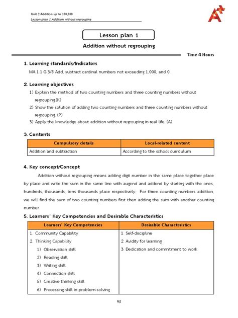 Lesson Plan 2 1 Addition Without Regrouping Pdf Learning Lesson Plan