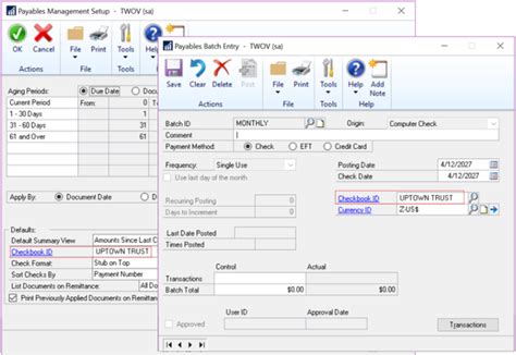 Microsoft Dynamics Gp Checkbook Id Defaults On Check Batch And Option