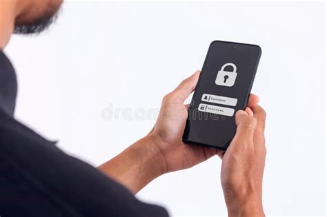 Man Holding A Smartphone To Login Username And Password On Screen Stock Image Image Of Padlock