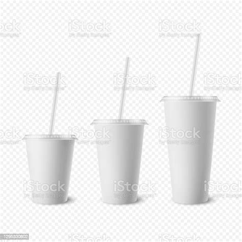 벡터 3d 사실적인 백서 일회용 컵 세트 뚜껑 음료용 짚 음료 분리 음료 커피 소다 차 칵테일 밀크 쉐이크 주스 모형을 위한 포장의 디자인 템플릿 전면 보기 밀크 셰이크에