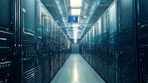 A Long Corridor In A Large Data Center With Many Computers Calculating Complex Ai Systems Stock