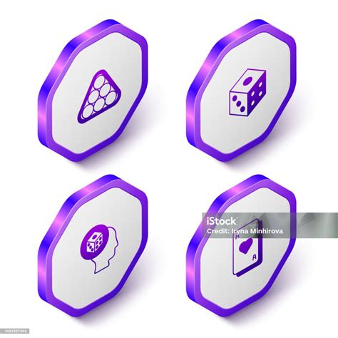 삼각형의 아이소메트릭 당구 공 게임 주사위 및 카드 놀이 아이콘을 설정합니다 보라색 육각형 버튼 벡터 3차원 형태에 대한 스톡 벡터 아트 및 기타 이미지 Istock