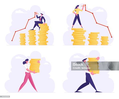 금융 성공 돈 부 성장 세트 비즈니스 사람들은 깨진 곡선 선을 그리고 황금 동전 스택을 수행 성장 금융 이익 다이어그램 투자 소득 만화 플랫 벡터 일러스트 통화에 대한 스톡