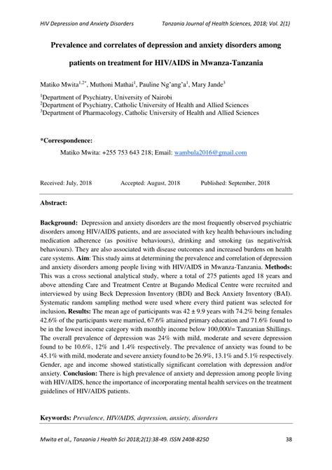 Pdf Prevalence And Correlates Of Depression And Anxiety Disorders Among Patients On Treatment