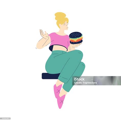 여자 성격 와 앉아 와 햄버거 먹다 패스트 푸드 벡터 일러스트 가정 주방에 대한 스톡 벡터 아트 및 기타 이미지 가정 주방 가정의 방 개념 Istock