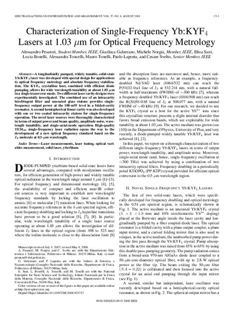 Pdf Characterization Of Single Frequency Yb Lasers At 1 03 For Optical Frequency Metrology