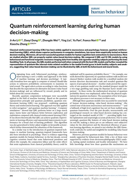 Quantum Reinforcement Learning During Human Decision Making Request Pdf