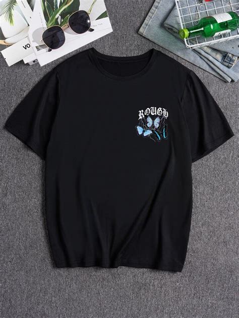 Black Casual Collar Short Sleeve Fabric Sloganbutterfly Embellished Slight Stretch Men Tops In