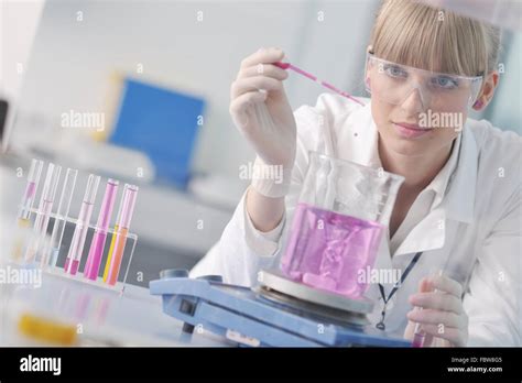 Female Researcher Holding Up A Test Tube In Lab Stock Photo Alamy