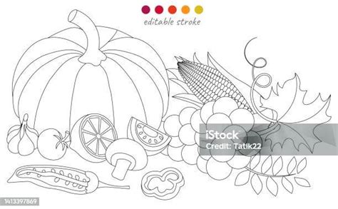 호박 옥수수 딸기 및 채소가있는 정물 가을 컬렉션 이완 채색 템플릿 10월에 대한 스톡 벡터 아트 및 기타 이미지 10월