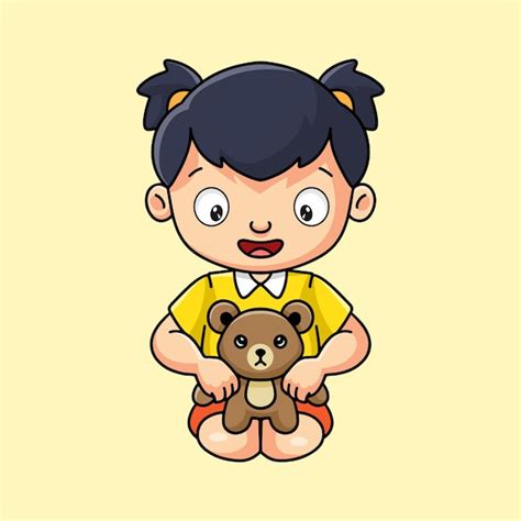 테디 베어를 들고 있는 귀여운 어린 소녀 만화 프리미엄 벡터