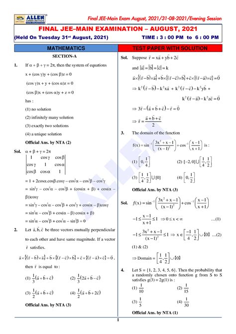 31 Evening Assignment Final Jeemain Examination August 2021