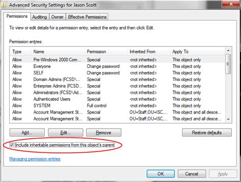 need to force security inheritence in active directory on users