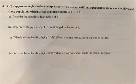 solved 4 10 suppose a simple random sample size n 50 is