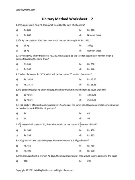 Unitary Method Worksheet 2 Pdf