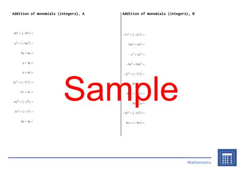 Addition Of Monomials Integers Printable Worksheet Teaching Resources