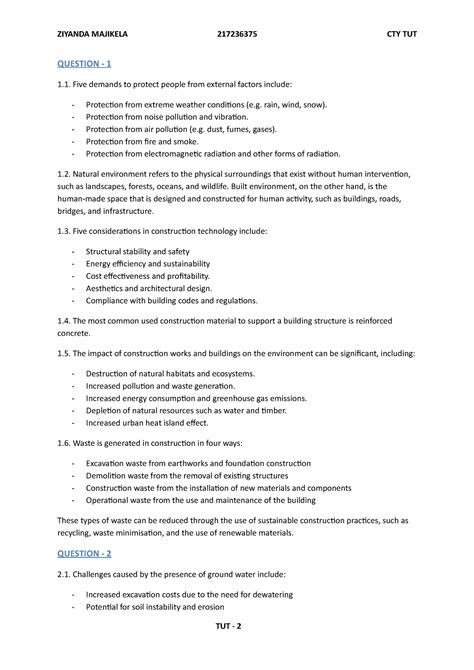 TUT Questions For Tutorial CTY S CPUT Studocu