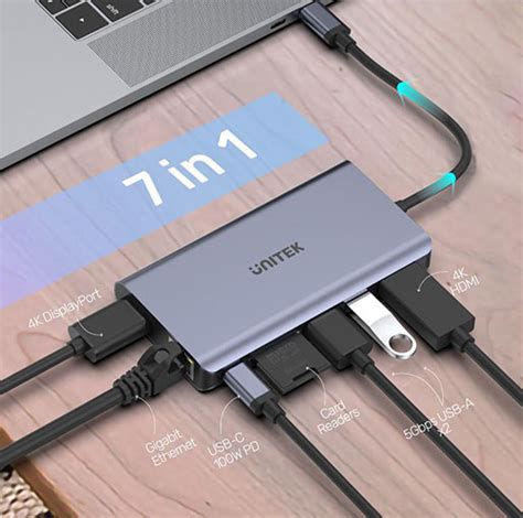 Unitek UHUB S7 7 In 1 USB C Ethernet Hub With MST Dual Monitor 100W Power Delivery And Card
