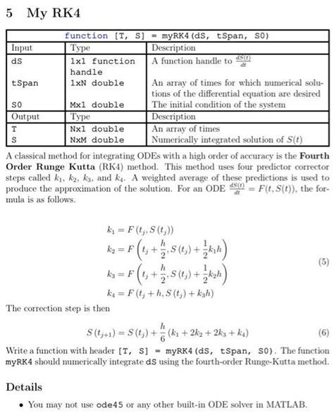 Solved 5 My Rk4 Function T Si Myrk4 Ds Tspan So Input
