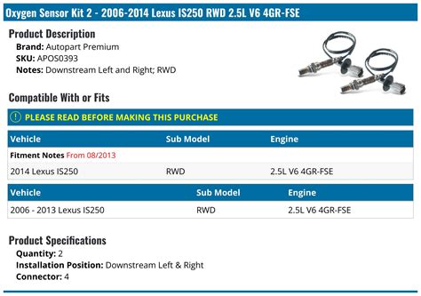 2006 2014 Lexus Is250 Oxygen Sensor Autopart Premium Apos0393