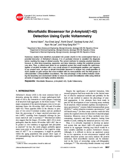 Pdf Microfluidic Biosensor For β Amyloid1 42 Detection Using Cyclic Voltammetry