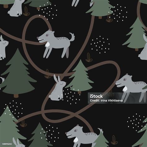 검은 색 배경에 숲에 토끼와 늑대와 원활한 패턴 스칸디나비아 스타일의 보육을위한 장식 벽지 벡터 어린이 의류 인테리어 디자인에 적합합니다 가공의 인물에 대한 스톡 벡터 아트